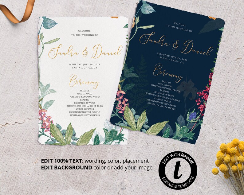 Wild Flowers Program Fan Template, Printable Wedding Program Template ...