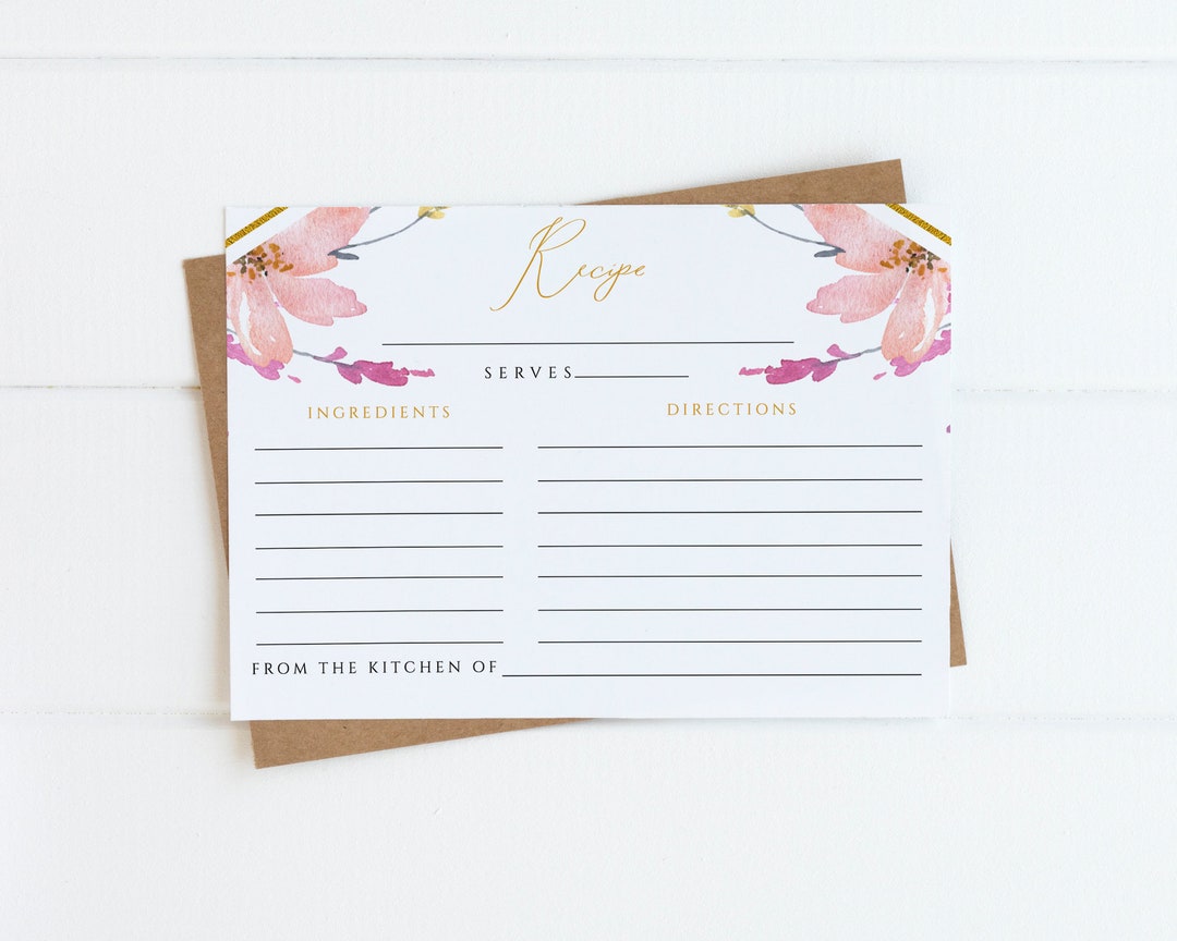 Pink Floral Recipe Card, Bridal Shower Recipe Card, Instant Download ...