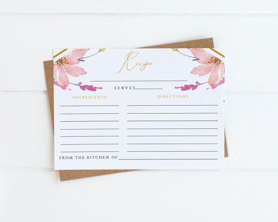 Pink Floral Recipe Card Bridal Shower Recipe Card Instant | Etsy