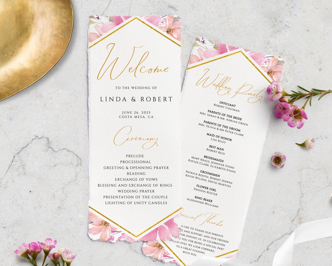 Pink Floral Wedding Program, Printable Wedding Program Template ...