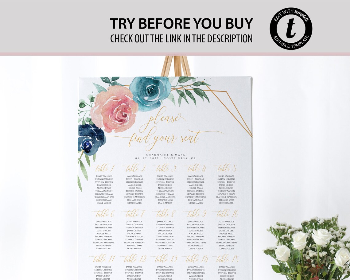 Navy Blue & Blush Seating Chart Template Instant Download | Etsy