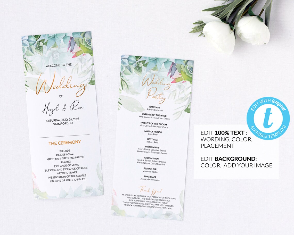 Greenery Wedding Program Printable Wedding Program Template | Etsy