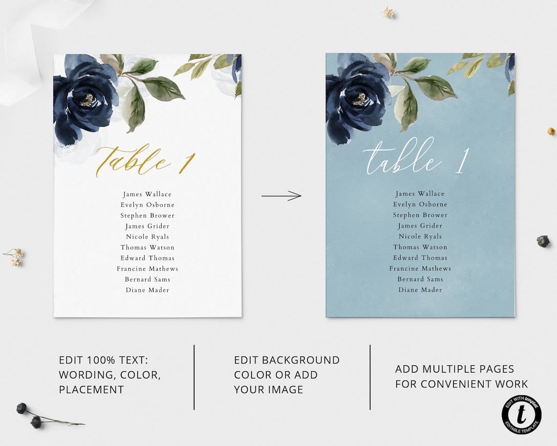 Navy Blue Seating Chart Cards, Boho Seating Cards Template, Instant ...