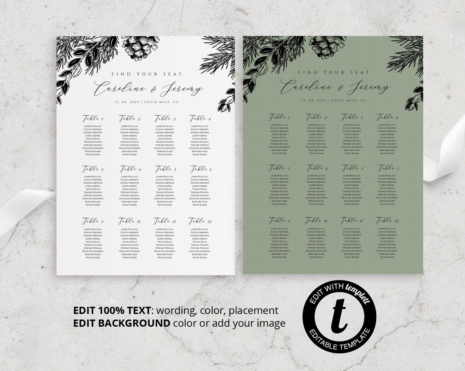 Winter Pine Cone Seating Chart Template Instant Download | Etsy