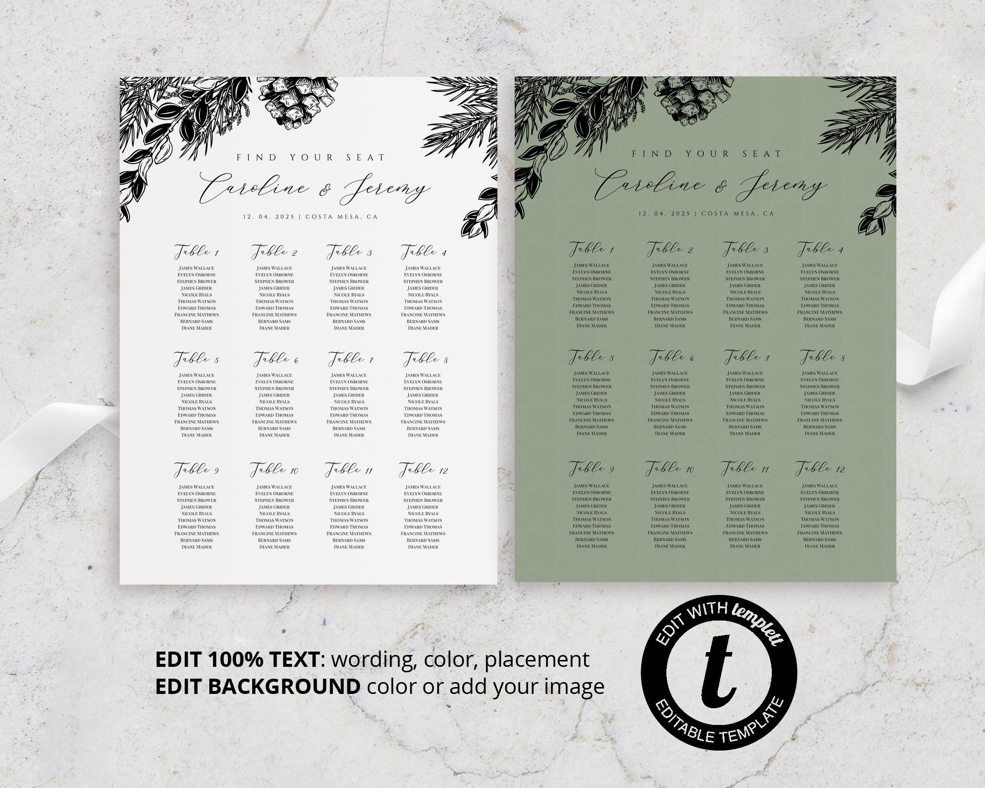 Winter Pine Cone Seating Chart Template Instant Download | Etsy