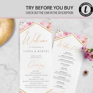 Pink Floral Wedding Program, Printable Wedding Program Template ...