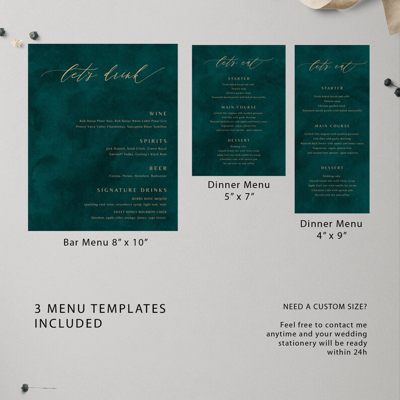 Emerald Green Wedding Menu, Dinner Menu Template, Instant Download ...