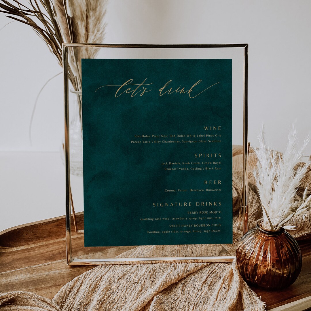 Let's Drink Bar Menu Sign, Emerald Green Wedding Menu, Instant Download ...