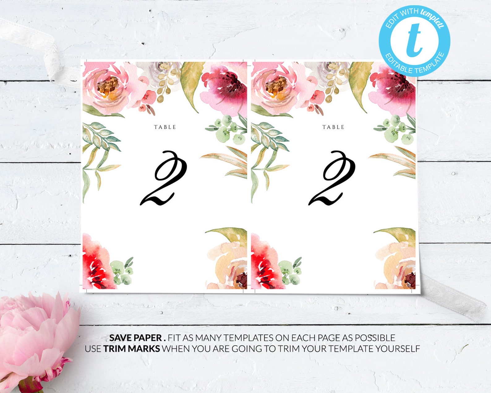 Table Number Wedding Template, Instant Download, Editable Table Card ...
