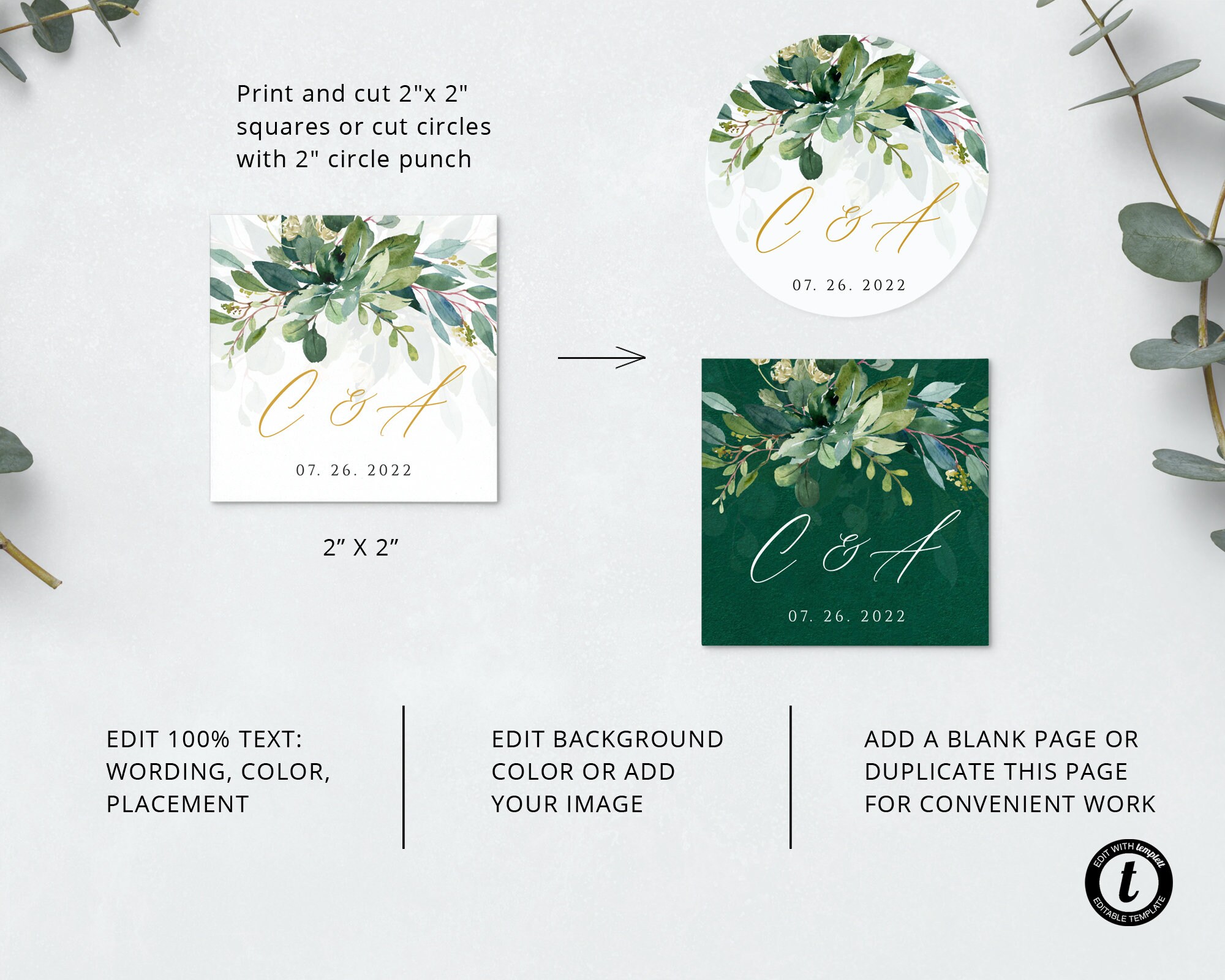 Greenery Gold Wedding Initials Stickers, Editable Favor Stickers ...