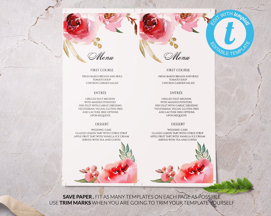 Floral Wedding Menu Template Printable Wedding Menu Instant | Etsy
