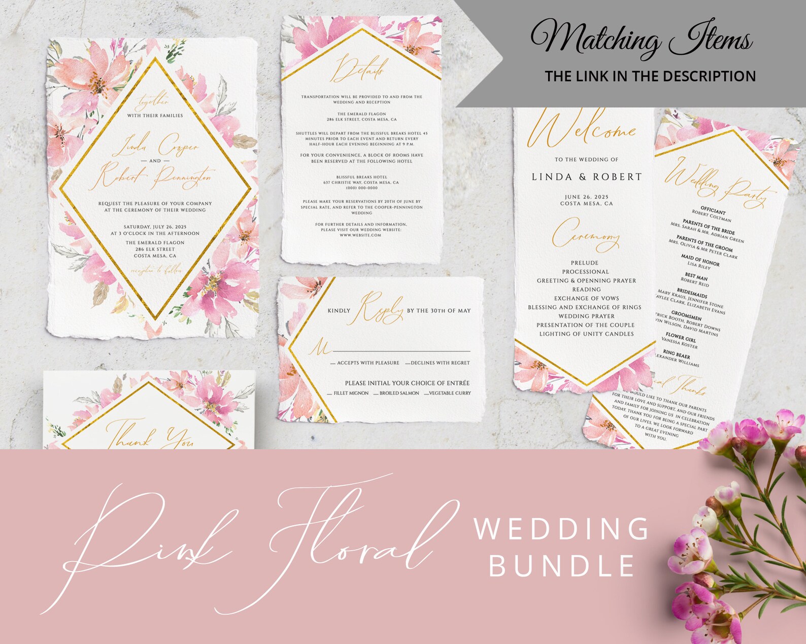 Pink Floral Wedding Program, Printable Wedding Program Template ...