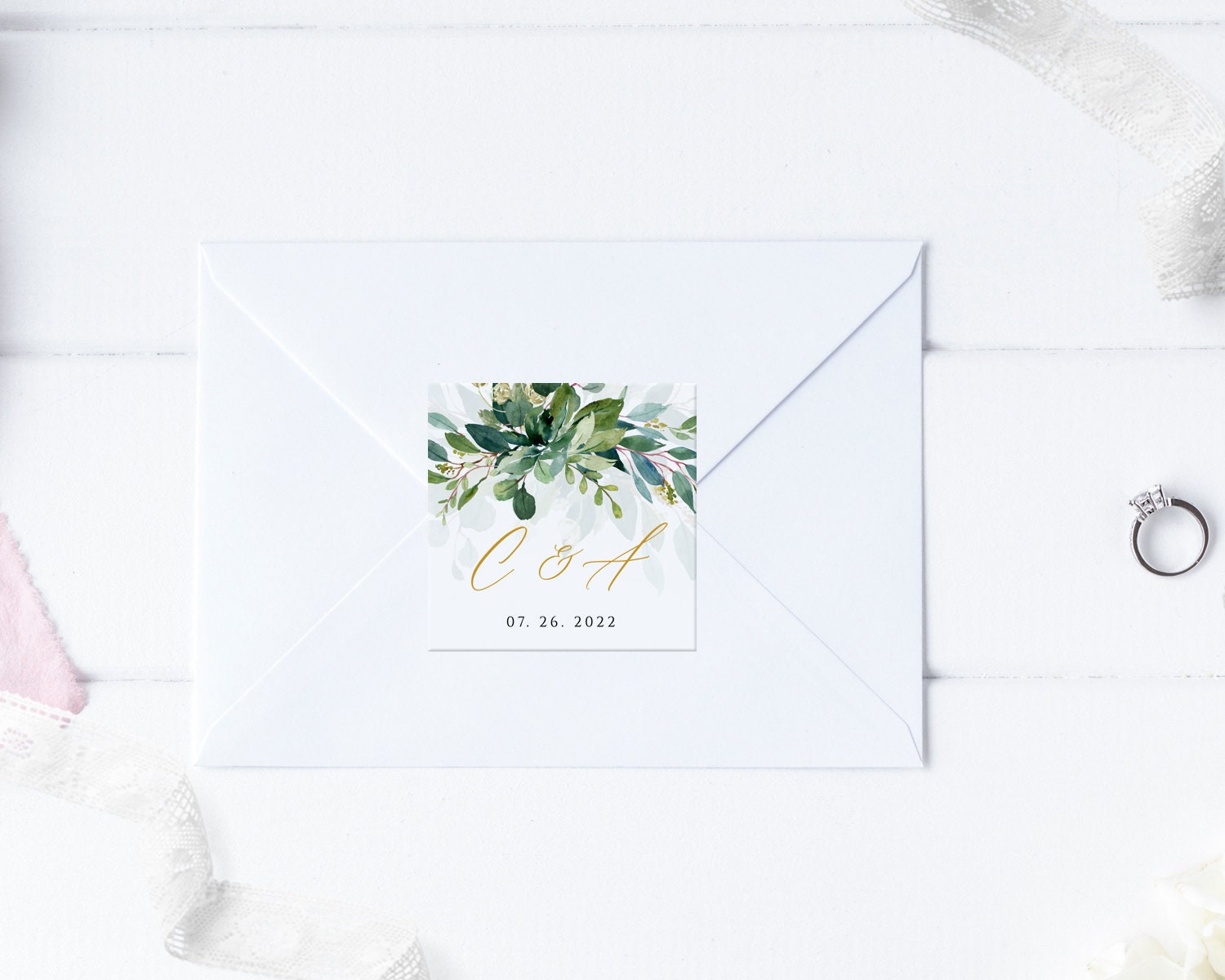 Greenery Gold Wedding Initials Stickers, Editable Favor Stickers ...