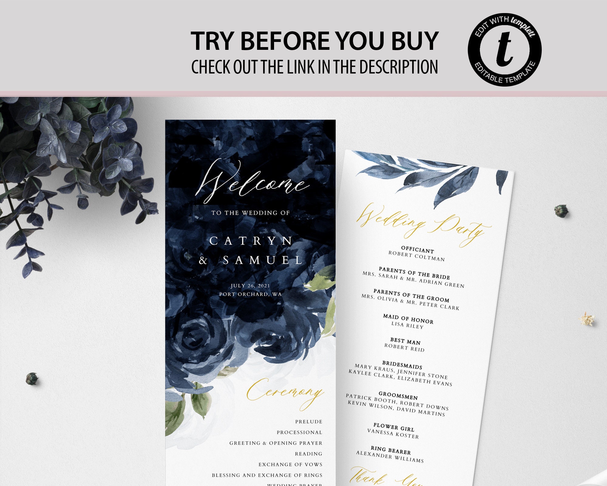 Navy Blue Wedding Program Printable Wedding Program Template | Etsy