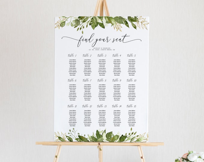 Greenery Seating Chart Template, Greenery Wedding Seating Chart, Your ...