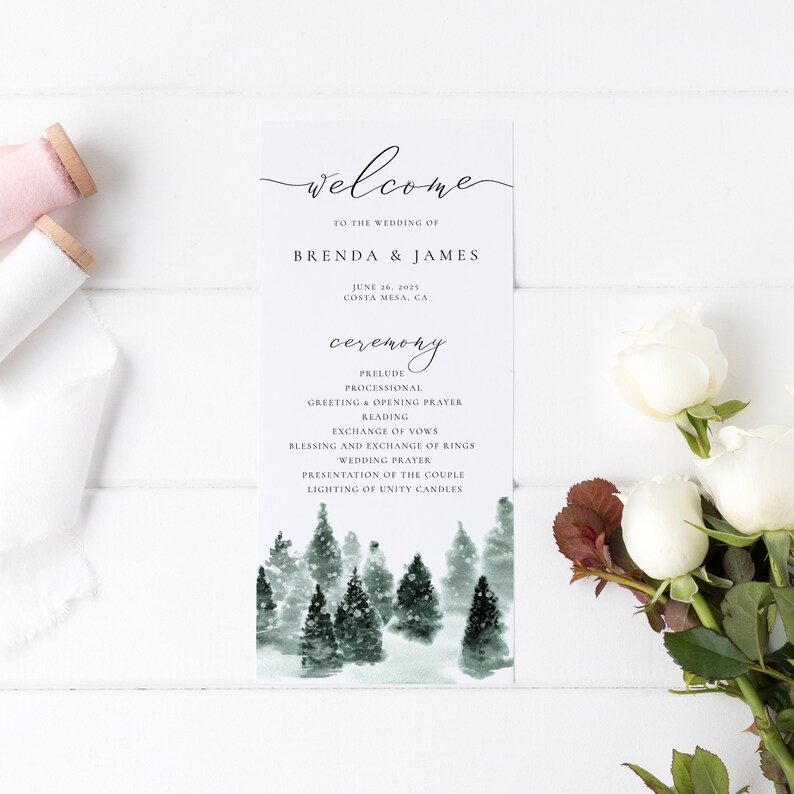 Christmas Wedding Program Template, Forest Green Wedding Program ...