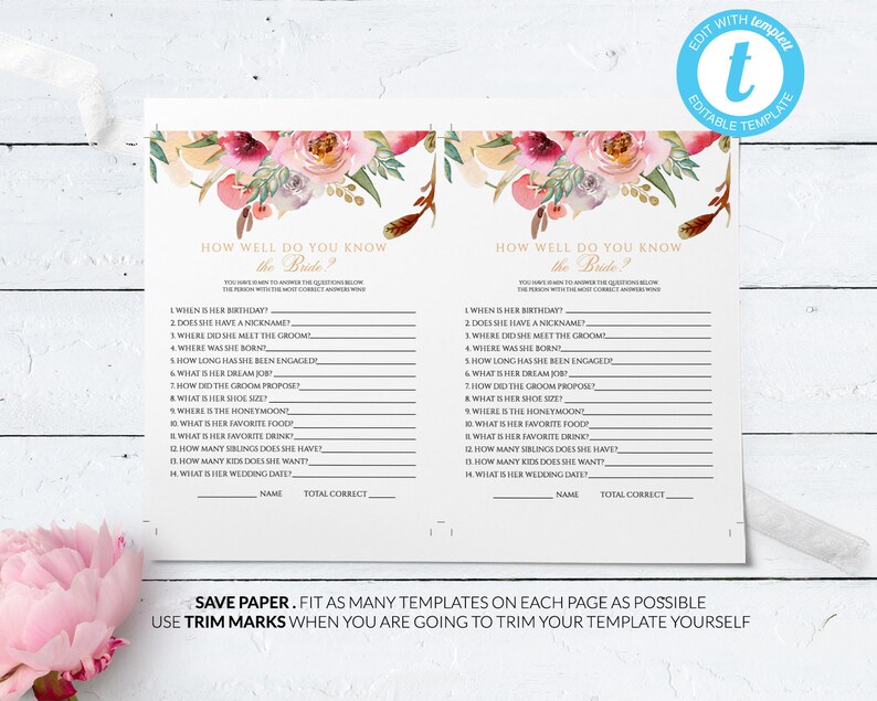 Floral Bridal Shower Game, How Well Do You Know the Bride, Instant ...