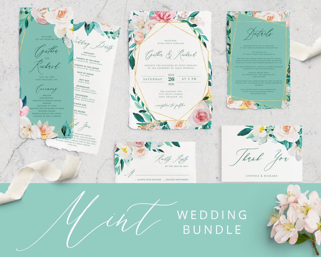 Mint Wedding Bundle, Wedding Invitation Bundle Template, Instant ...