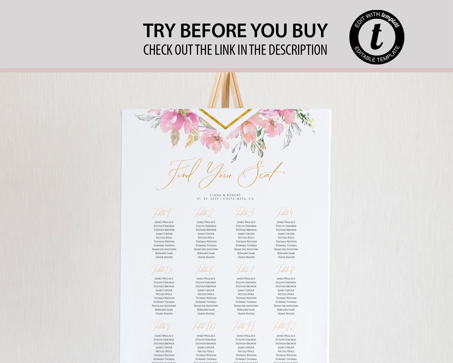 Pink Floral Seating Chart Template, Instant Download, Editable Wedding ...