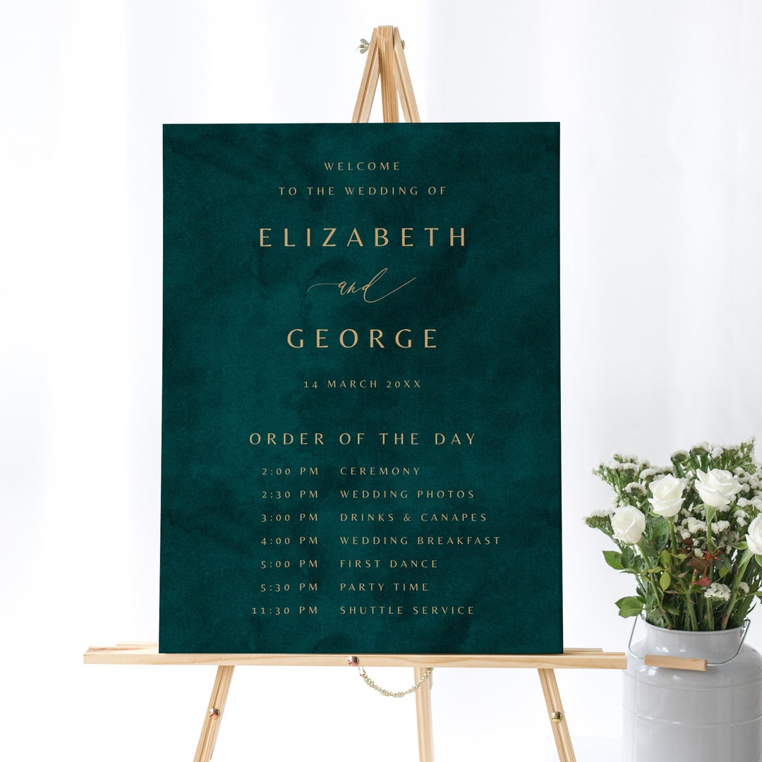 Velvet Green Gold Welcome Sign, Order of the Day Sign, Printable ...