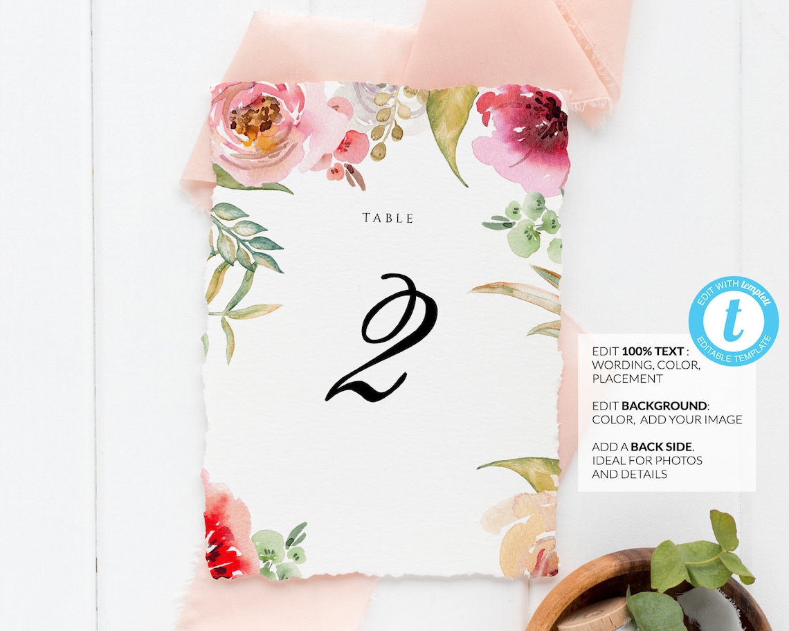 Table Number Wedding Template, Instant Download, Editable Table Card ...