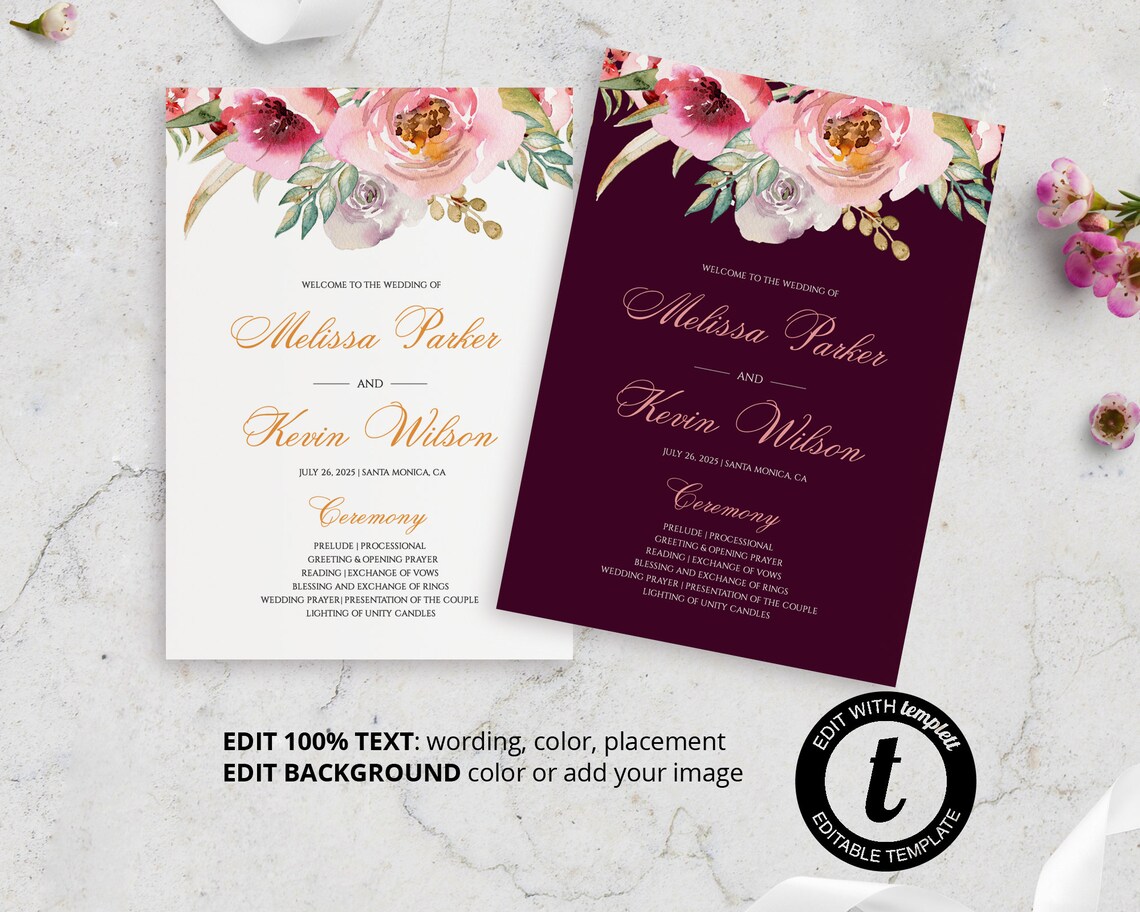 Floral Program Fan Template, Printable Wedding Program Template ...