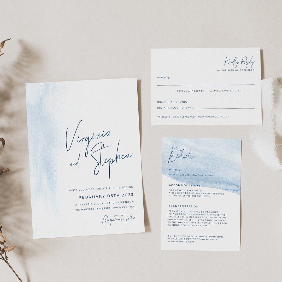 Light Blue Wedding Invitation Template, Watercolor Blue Wedding ...