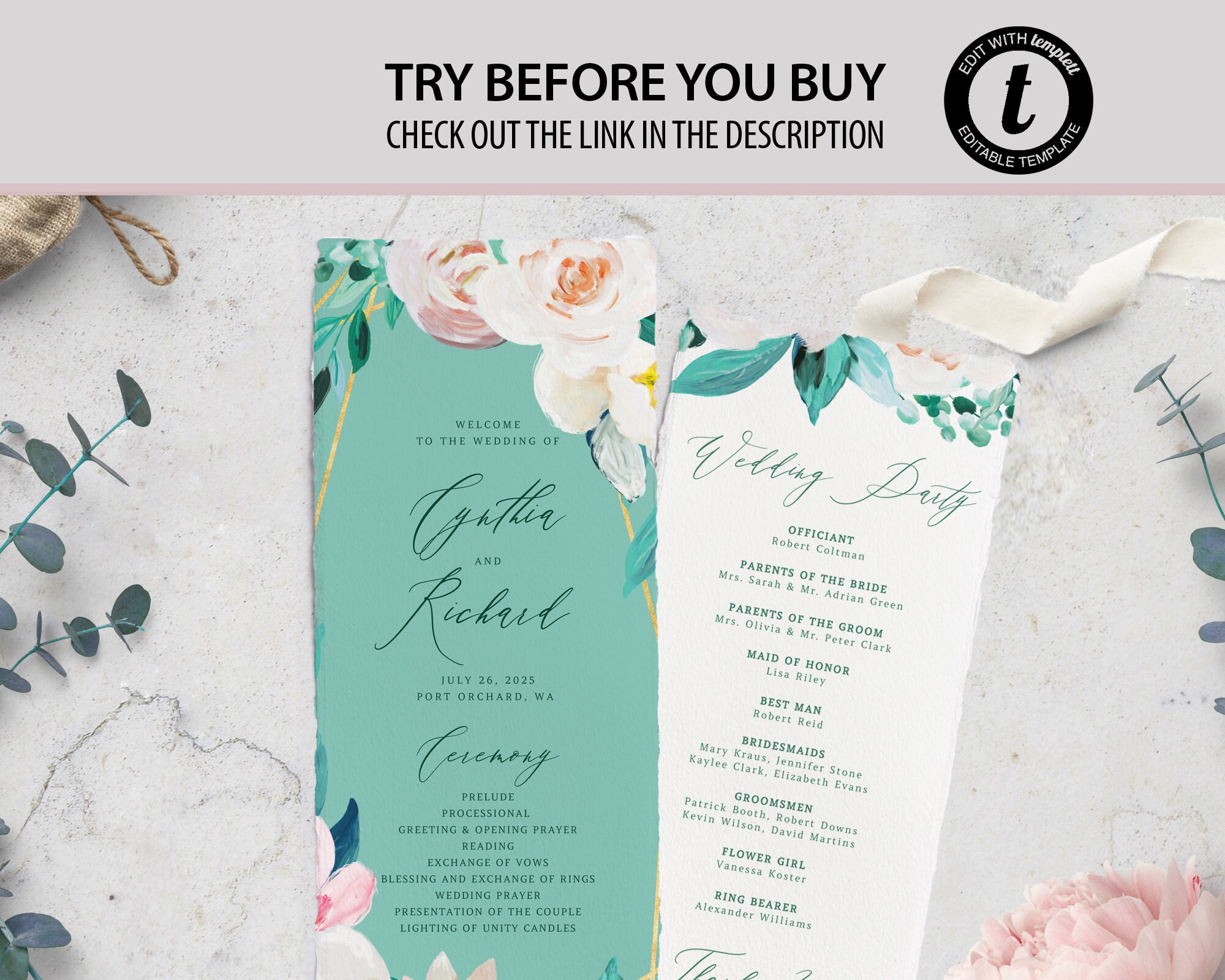 Mint Wedding Program Printable Wedding Program Template - Etsy