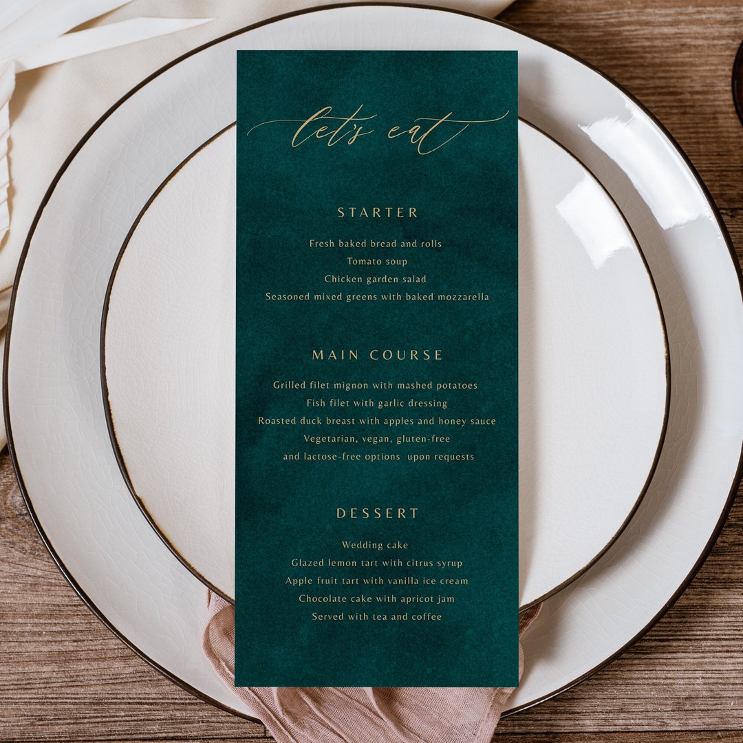 Emerald Green Wedding Menu, Dinner Menu Template, Instant Download ...