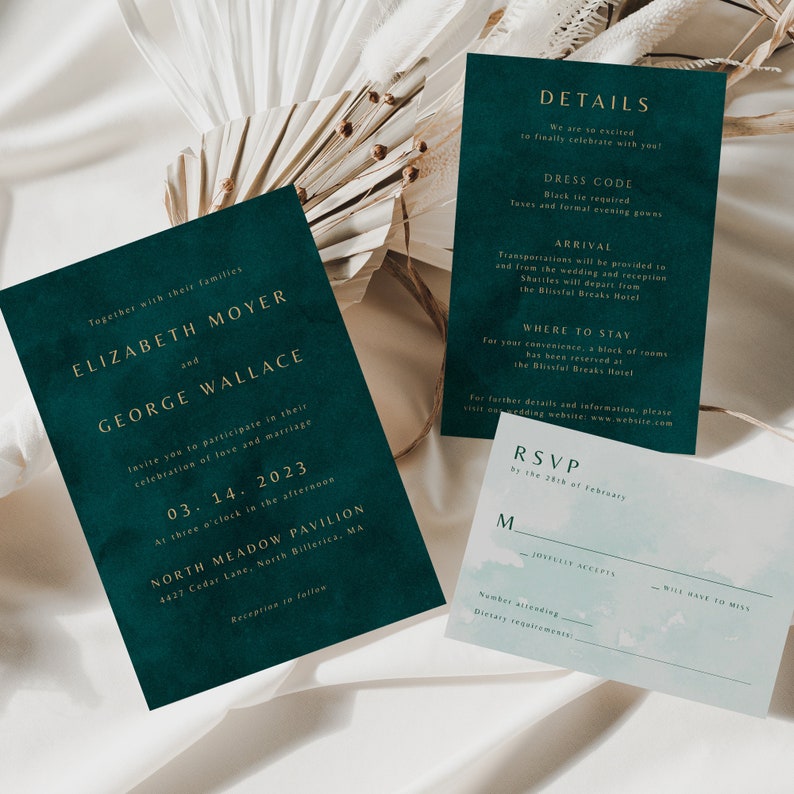 Emerald Gold Wedding Invitaion Printable Wedding Invitation - Etsy