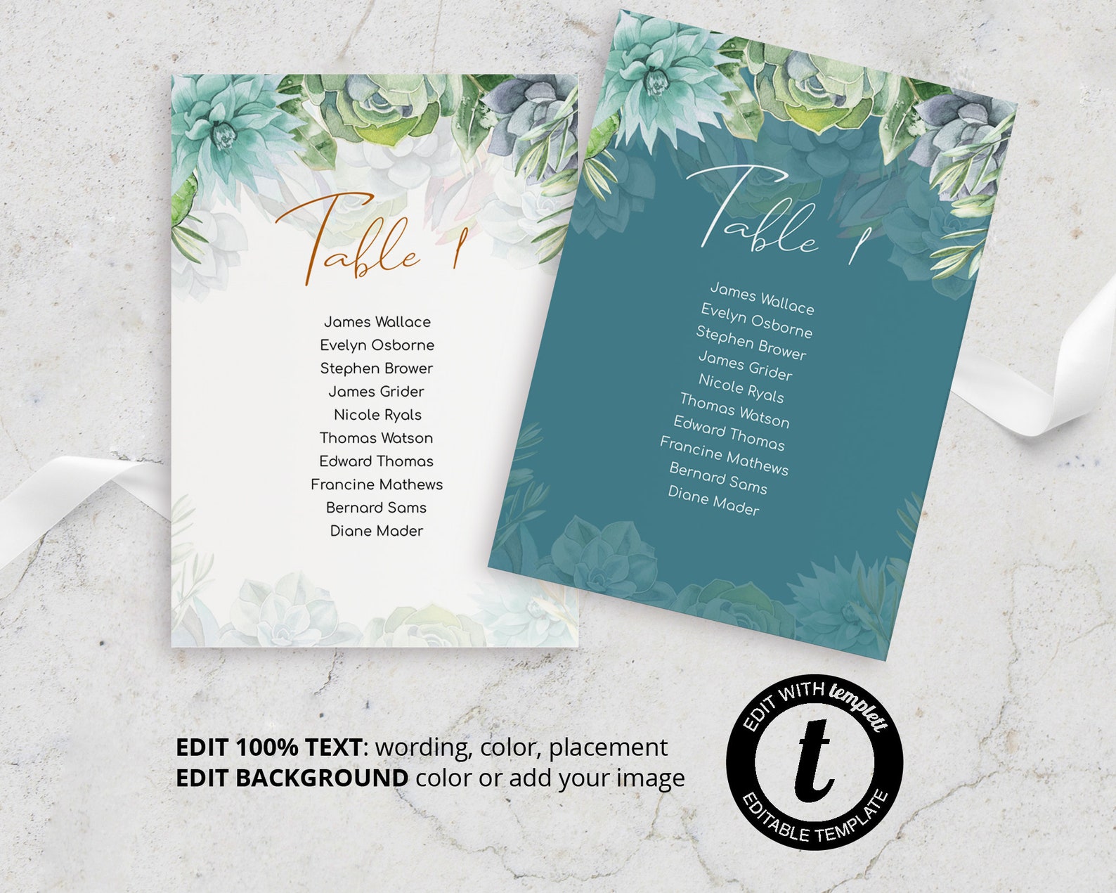 Succulent Seating Chart Cards Template Instant Download | Etsy