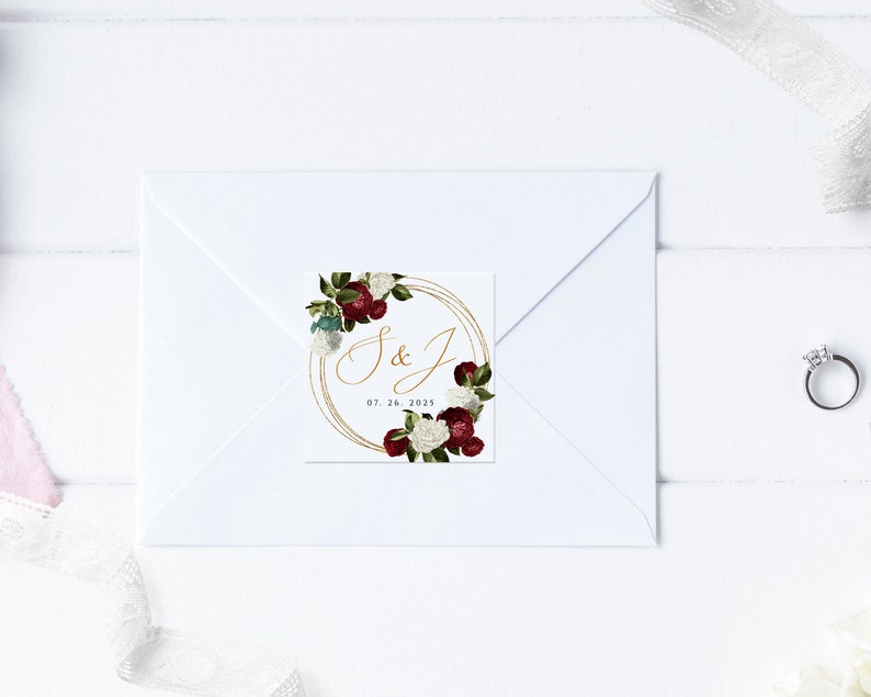 Burgundy Wedding Initials Stickers Editable Favor Stickers | Etsy