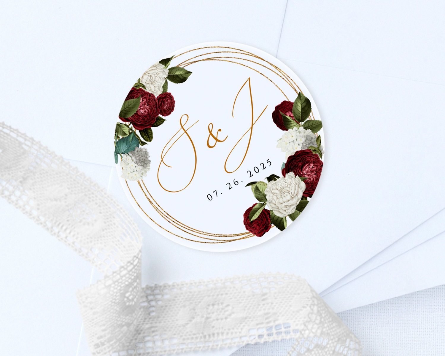 Burgundy Wedding Initials Stickers Editable Favor Stickers | Etsy