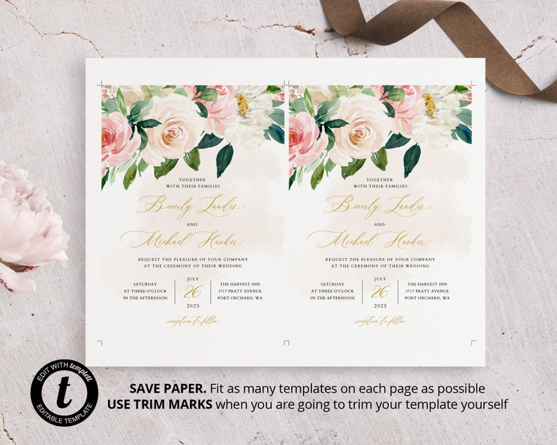Ivory Blush Wedding Invitation Instant Download Printable - Etsy