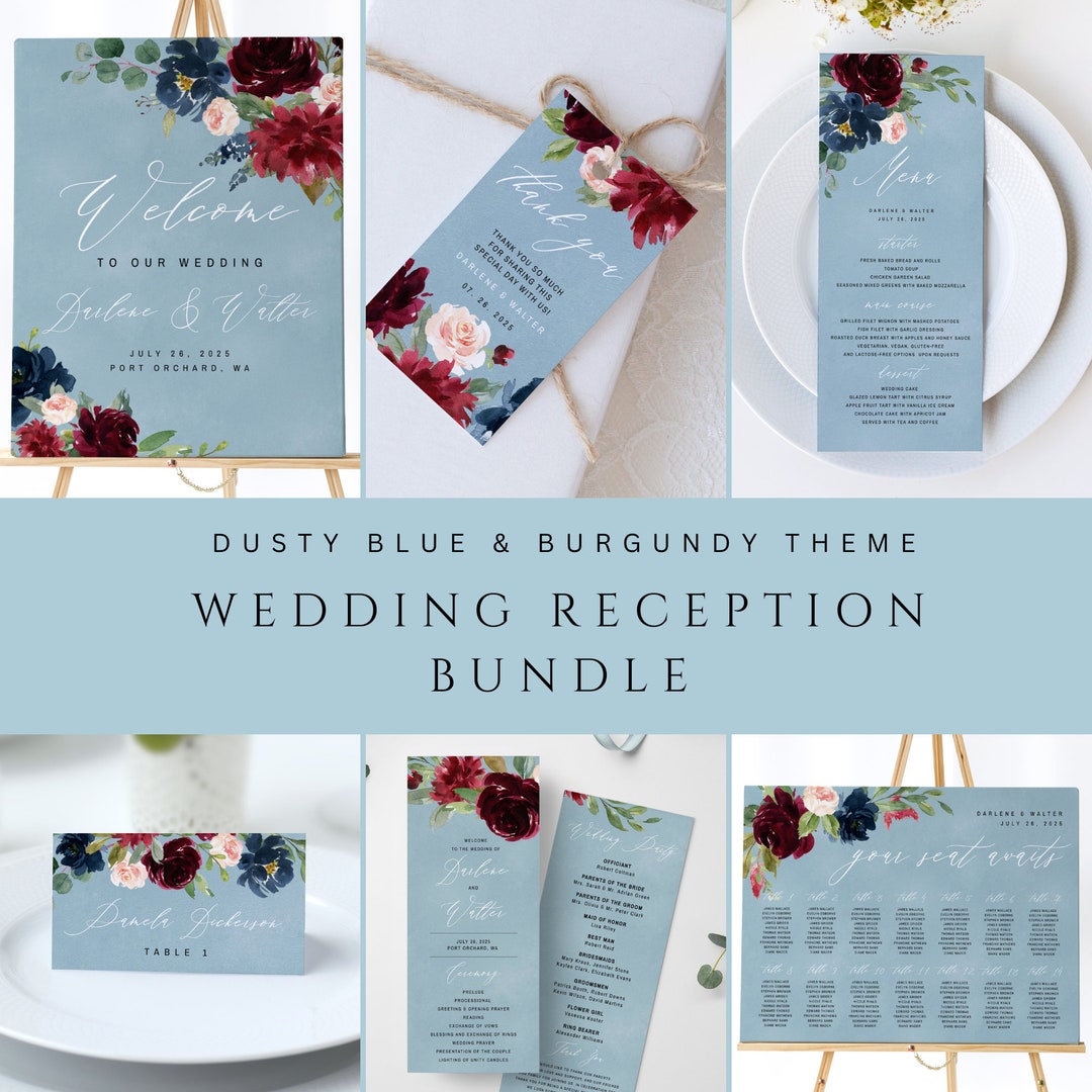 Dusty Blue and Burgundy Wedding Bundle, Reception Bundle, Wedding Sign ...
