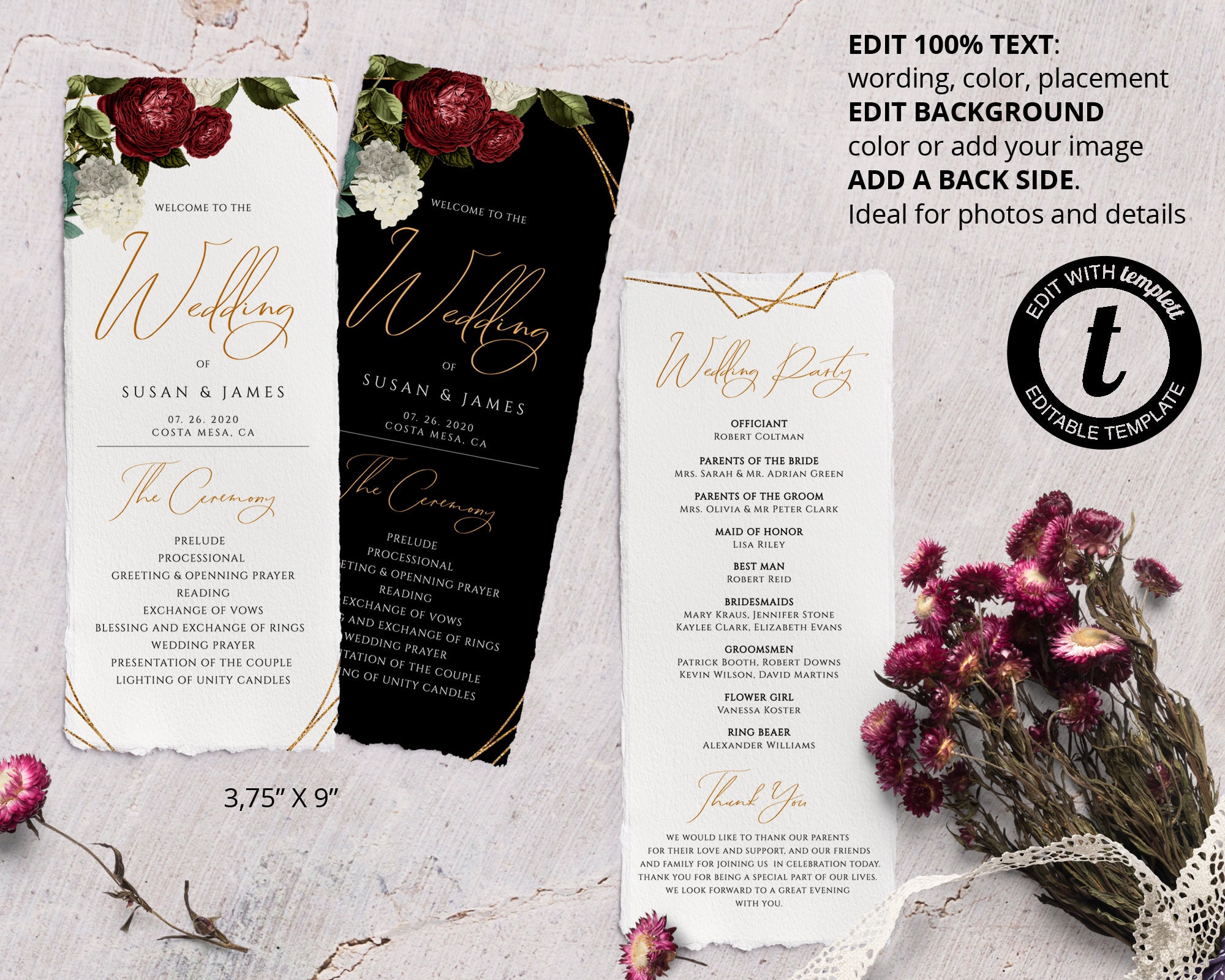 Burgundy Wedding Program Printable Wedding Program Template - Etsy