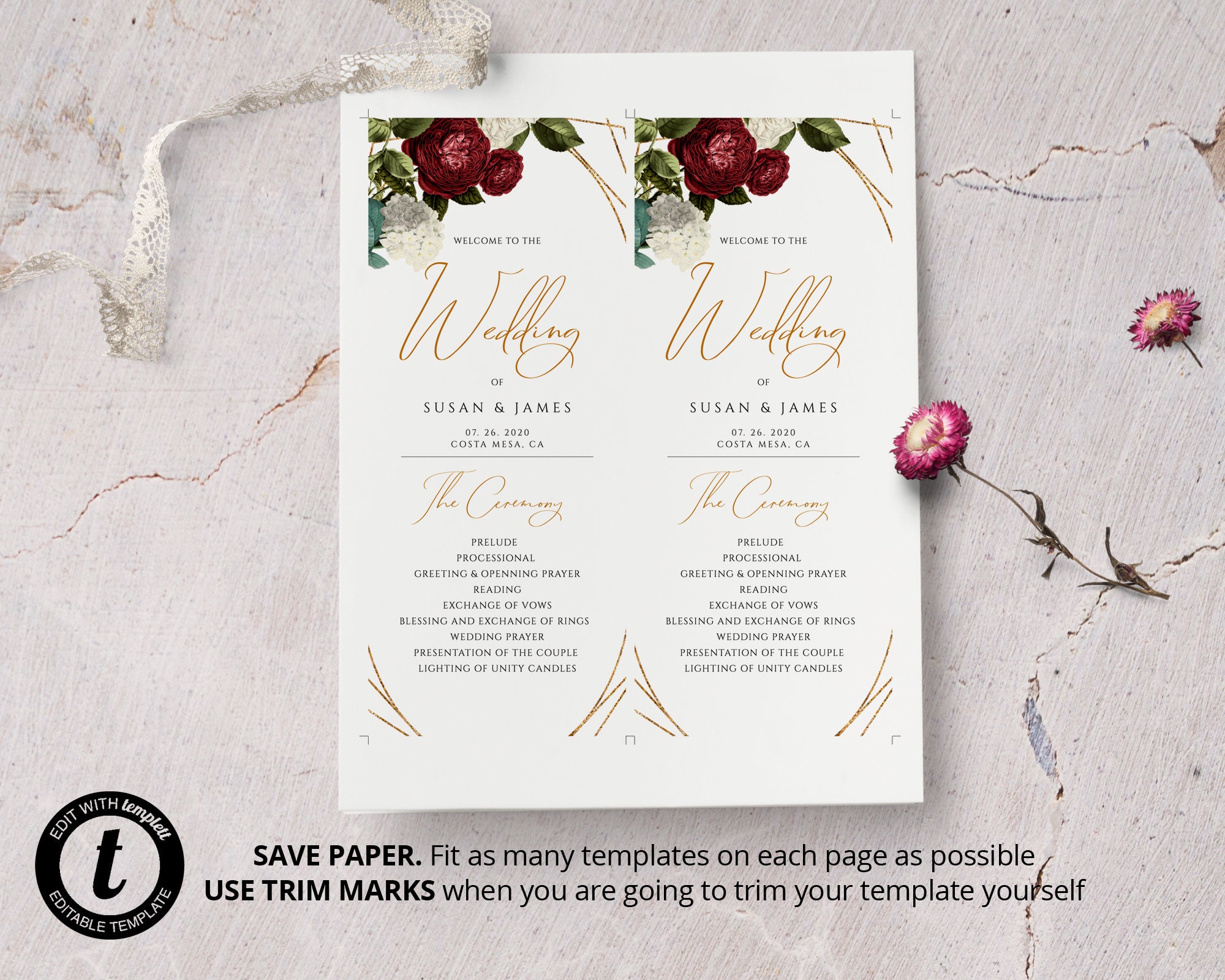 Burgundy Wedding Program Printable Wedding Program Template - Etsy