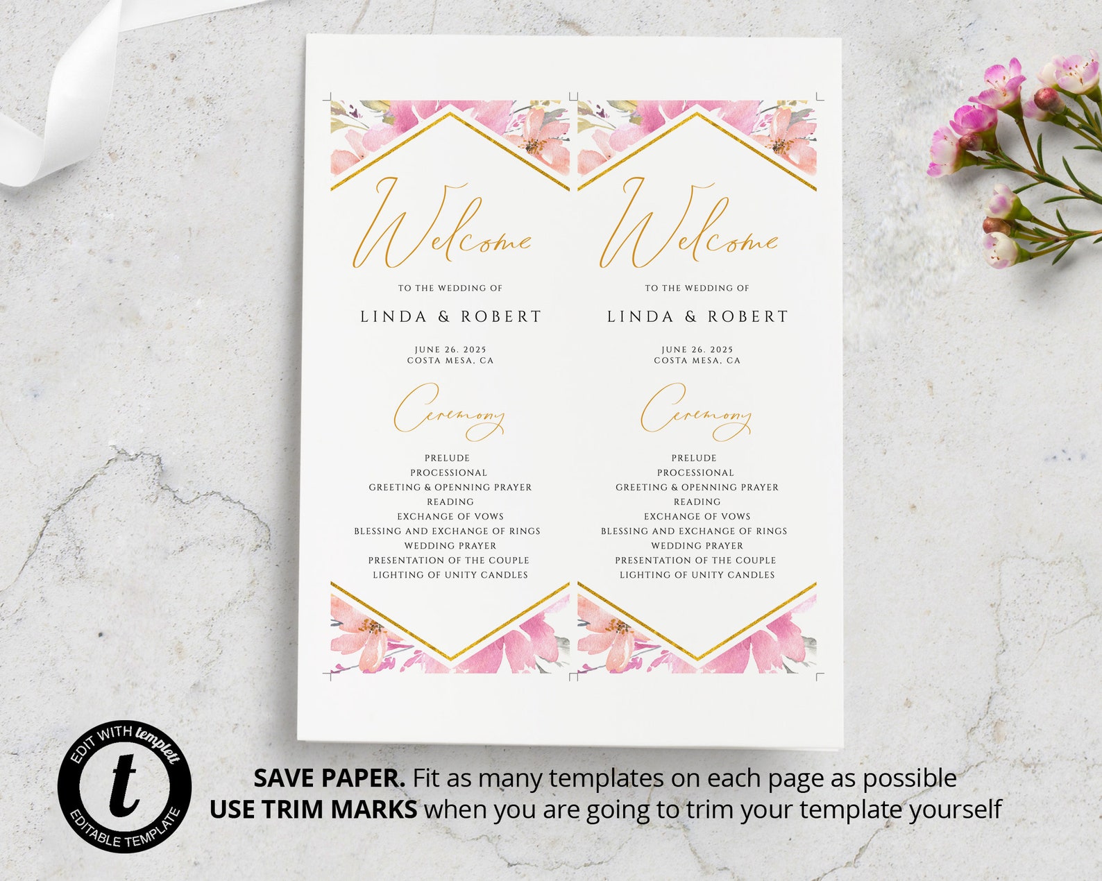 Pink Floral Wedding Program, Printable Wedding Program Template ...