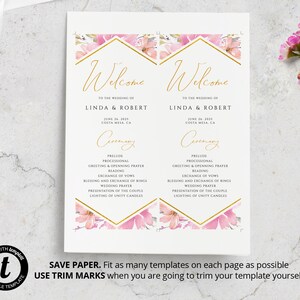 Pink Floral Wedding Program, Printable Wedding Program Template ...