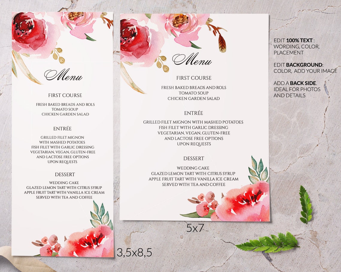 Floral Wedding Menu Template Printable Wedding Menu Instant | Etsy