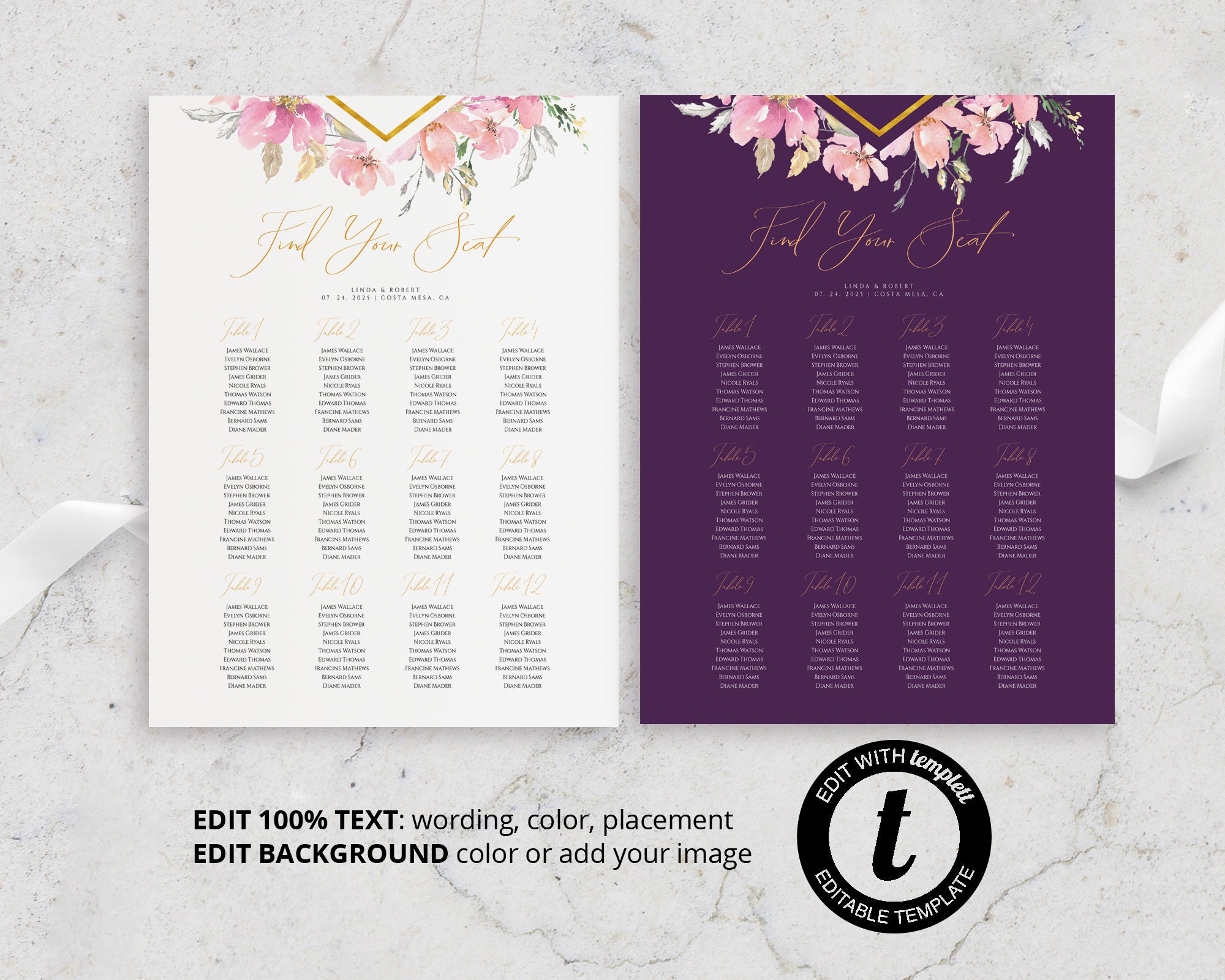 Pink Floral Seating Chart Template Instant Download Editable | Etsy