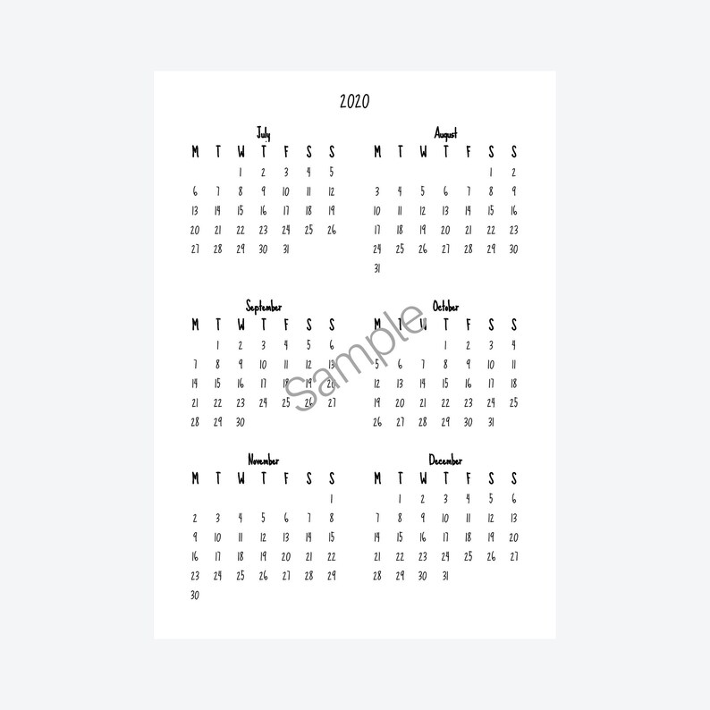 2020 Calendar Year at A Glance Printable digital Download - Etsy