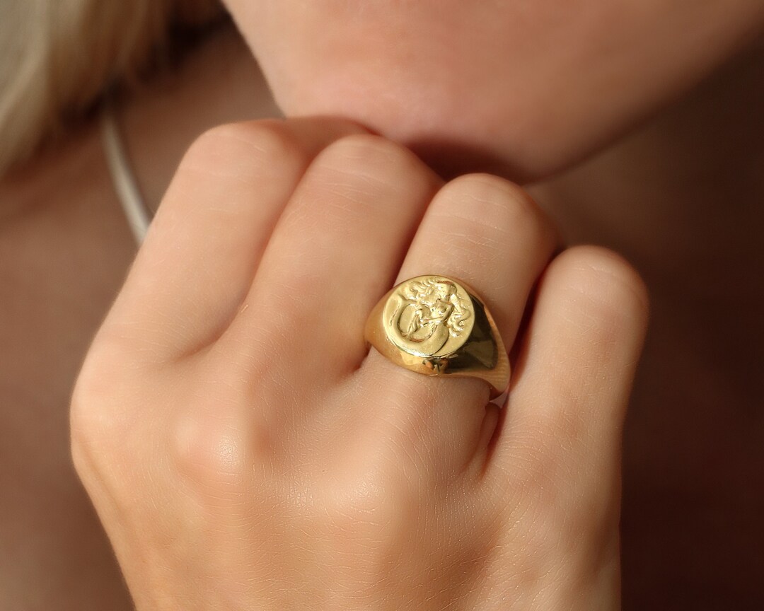 Gold Zodiac Signet Ring Chunky Aquarius Ring Mermaidcore Sea Sailor ...