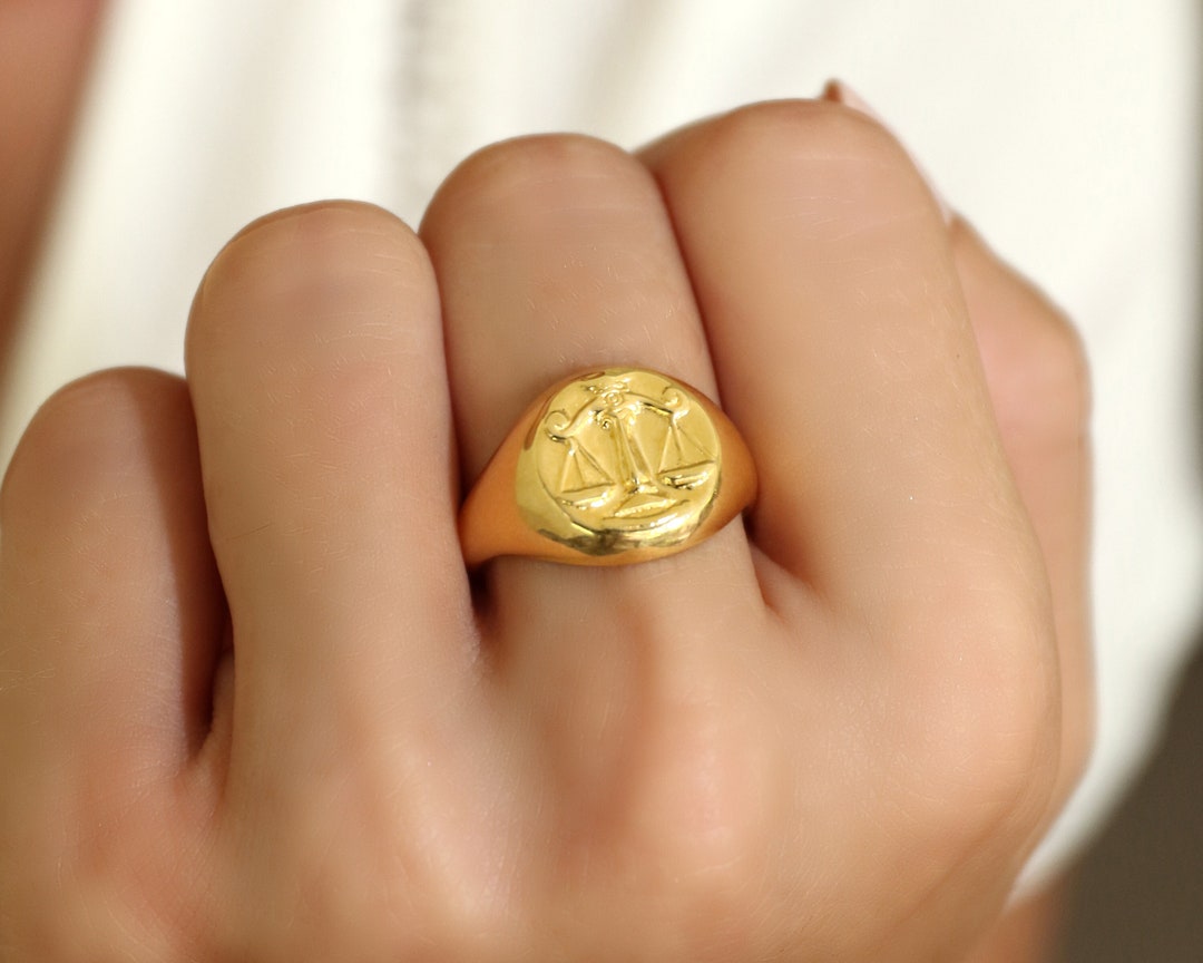 Gold Libra Ring Embossed Scales of Justice Signet Ring Pinky Signet ...