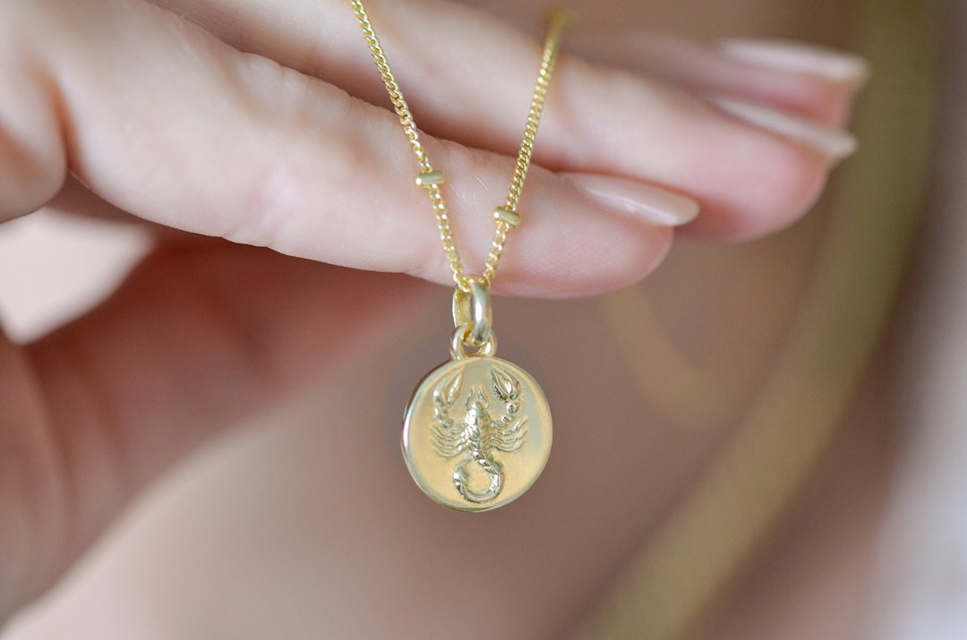 Gold Dainty Embossed Scorpion Gold Coin Necklace Scorpio Zodiac Charm ...