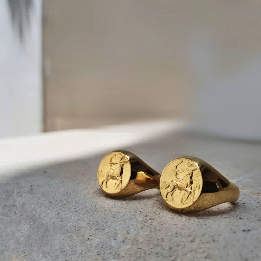Gold Embossed Sagittarius Ring Gold Signet Ring Edgy Minimal - Etsy
