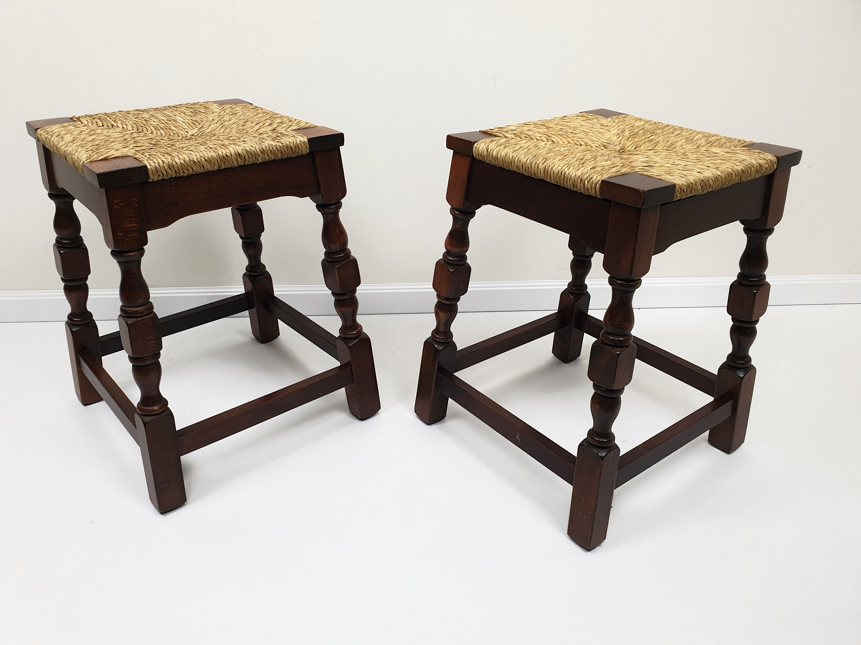 Gorgeous Set of 2 Stools With Wood Turning Legs and Woven Top - Etsy