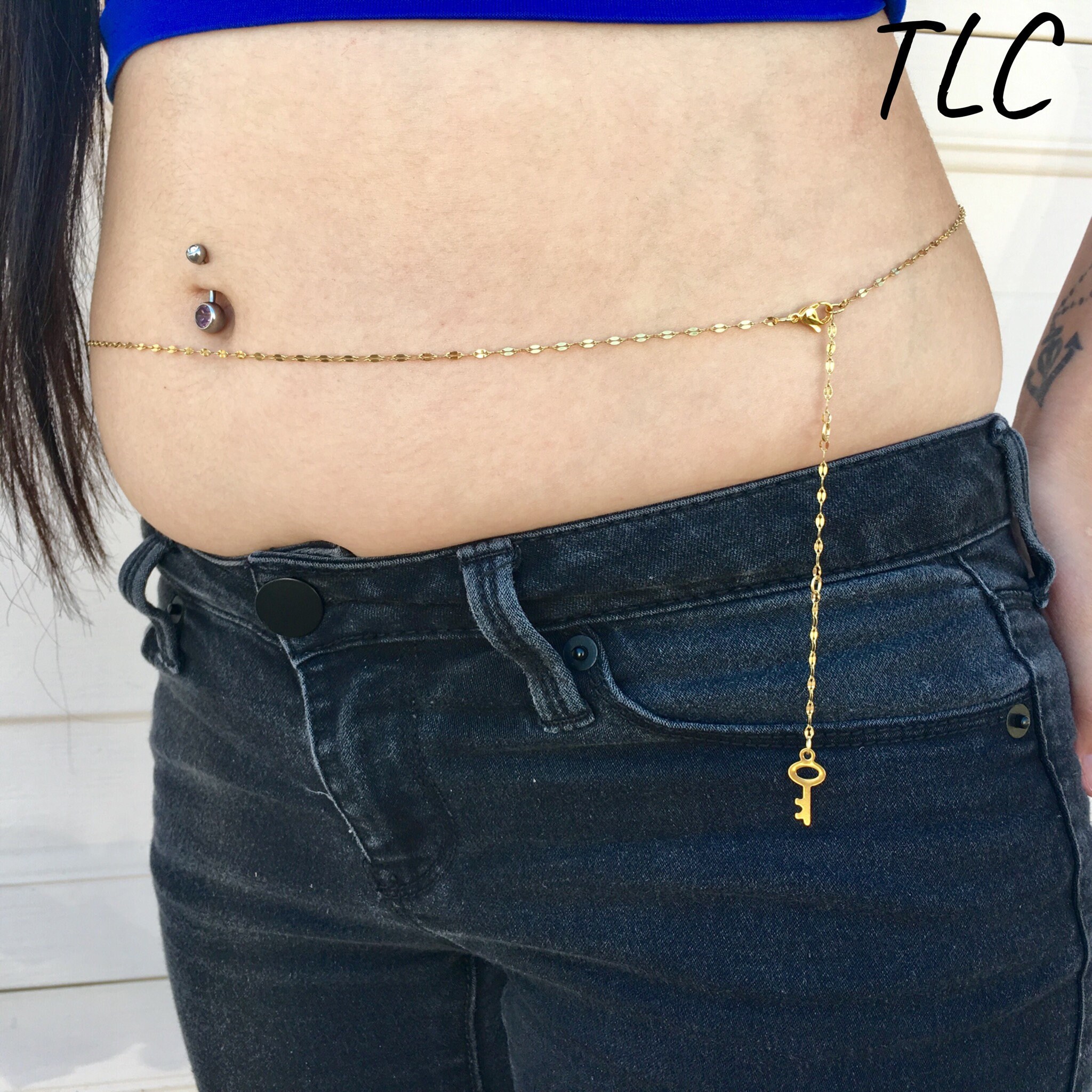 Gold Stainless Steel Belly Chain With Key Charm/matching Anklet/dangle ...