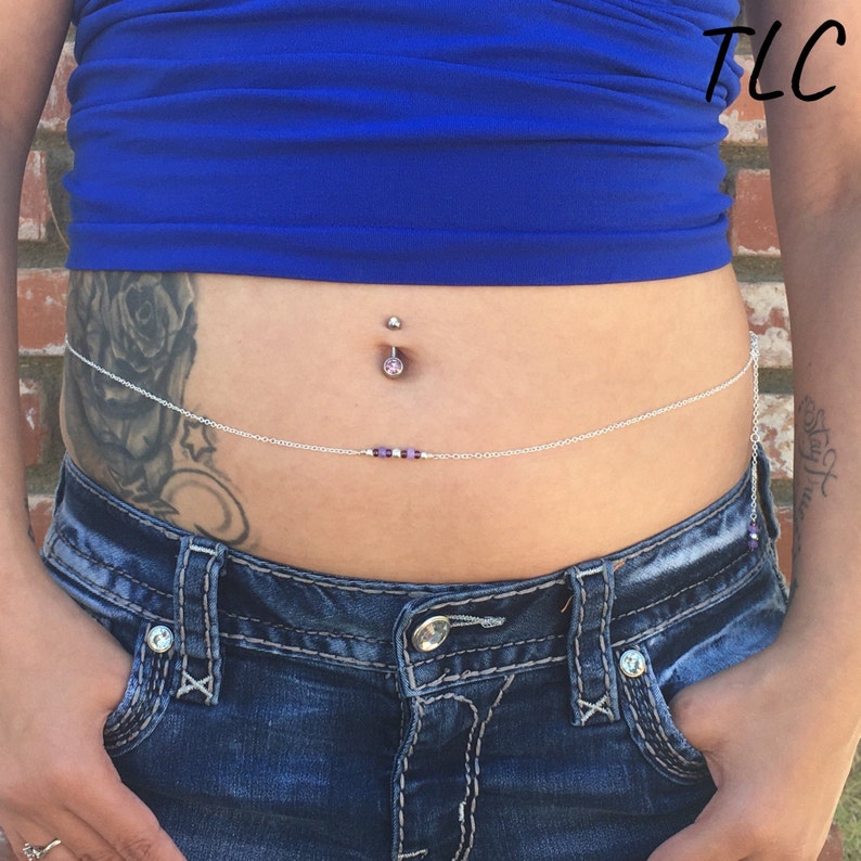 Sterling Silver Belly Chain/matching Anklet/beaded Belly Chain/purple ...