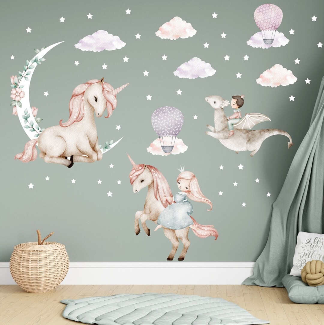 Nursery Wall Decal, Unicorn and Dragon Stickers, Watercolor Fairytale ...